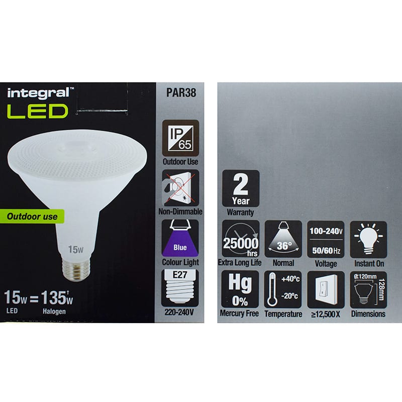 Integral LED 15w PAR38 Lamp - ES/E27 - Green / Amber / Blue